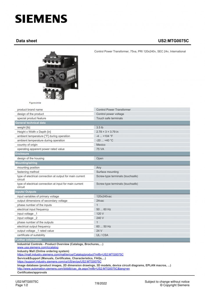 SIEMENS MTG0075C datasheet page 1