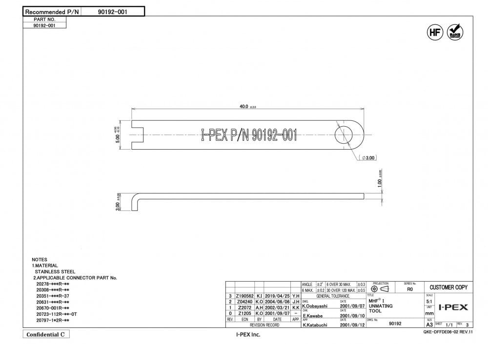 I-PEX 90192 MHF I unmating tool drawing