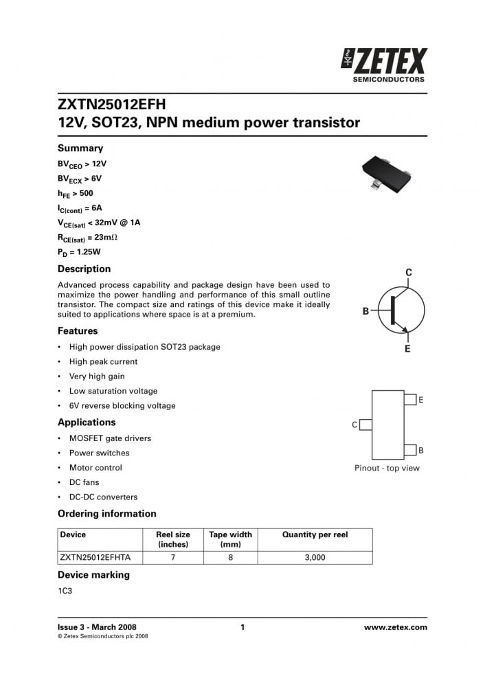 ZXTN25012EFH datasheet page 1