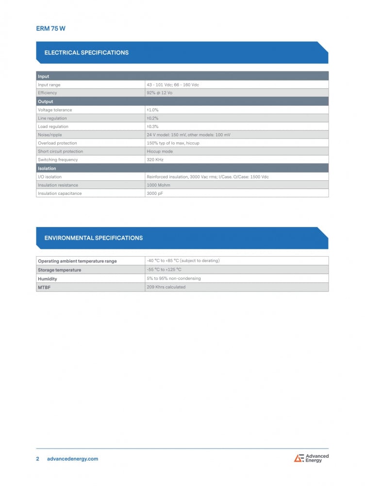 Artesyn ERM75 series datasheet page 2