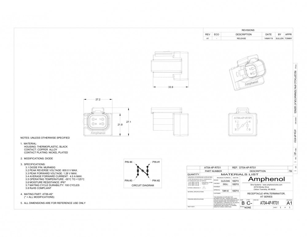 Amphenol AT04-4P-RT01 technical drawing