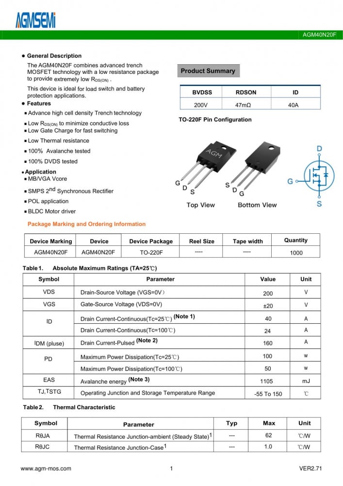 AGM40N20F datasheet page 1