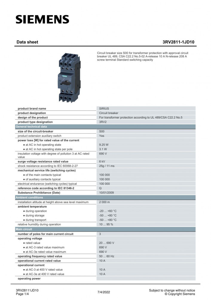 SIEMENS 3RV28111JD10 datasheet page 1
