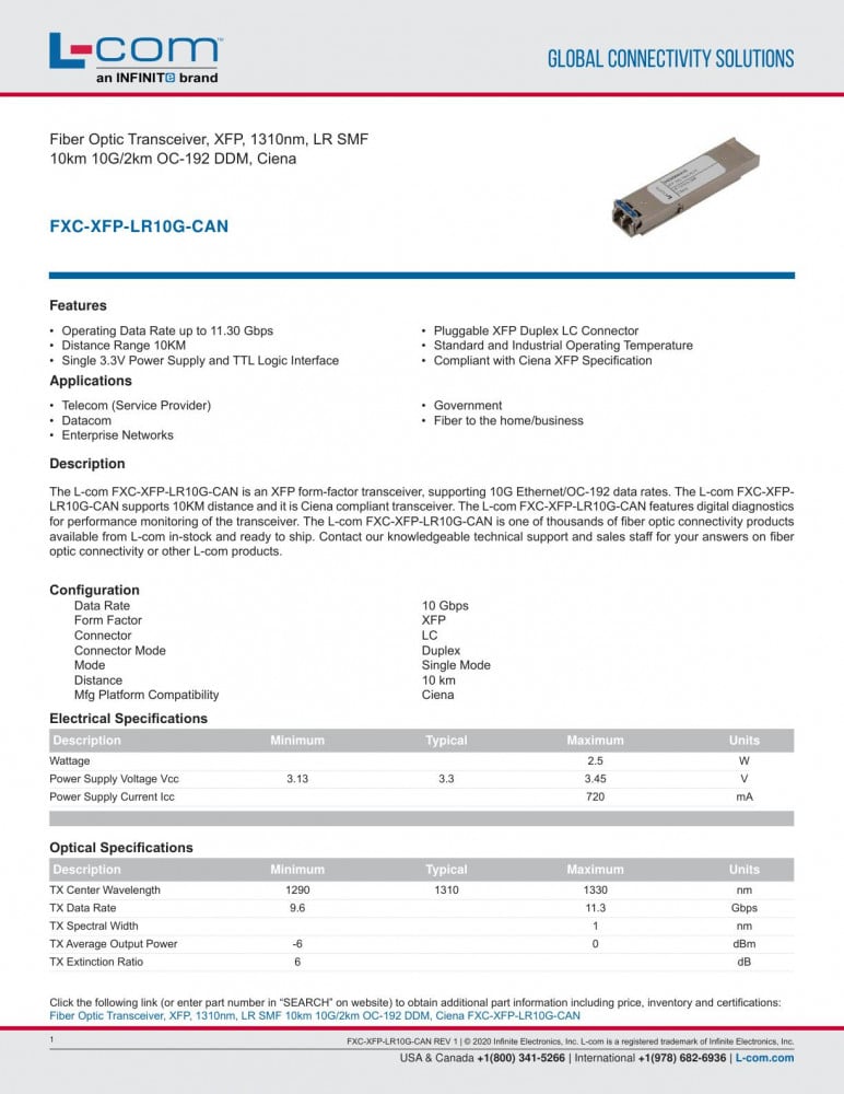FXC-XFP-LR10G-CAN technical document page 1