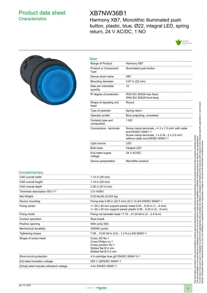 XB7NW36B1 technical document page 1