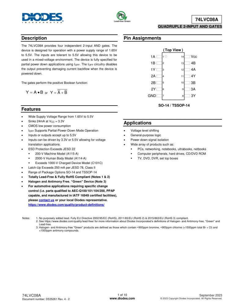 74LVC08AT14-13 datasheet page 1