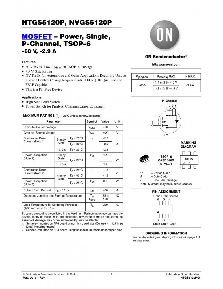 NVGS5120PT1G datasheet page 1