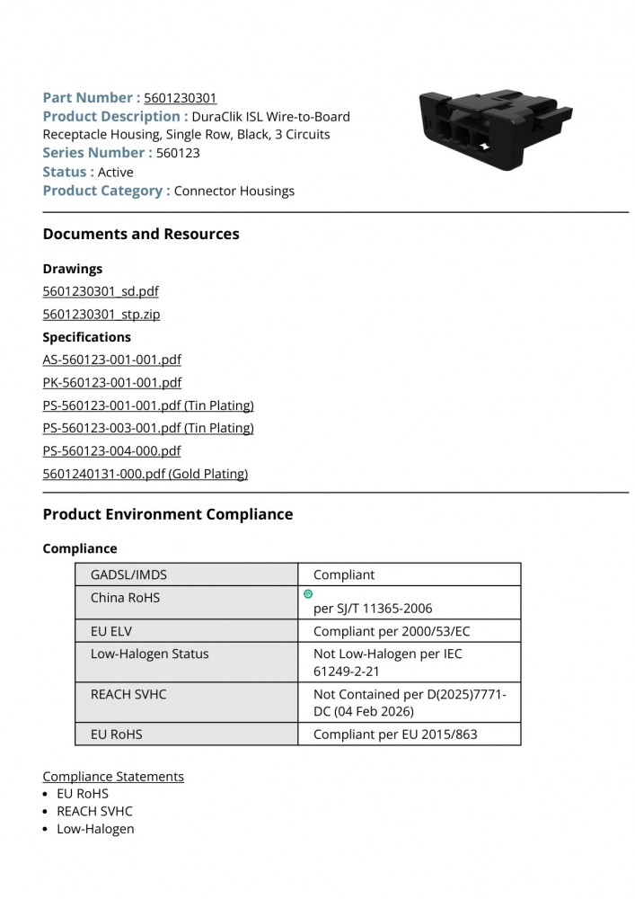 MOLEX 5601230301 product documentation visual, page 1