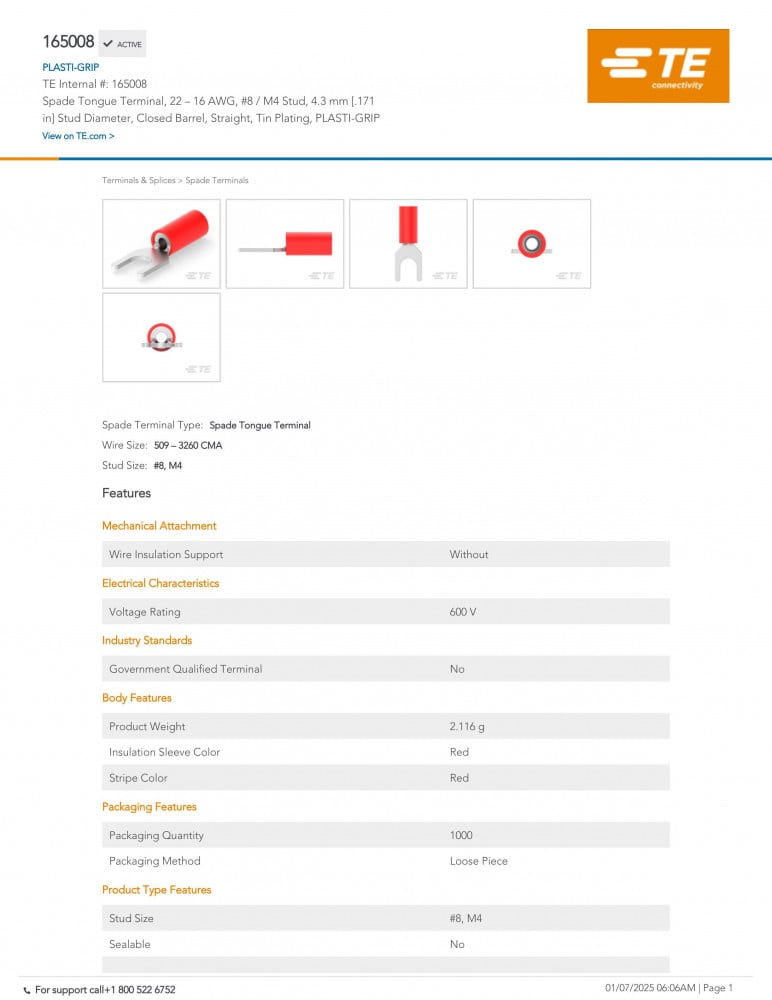 TE Connectivity 165008 technical document page 1