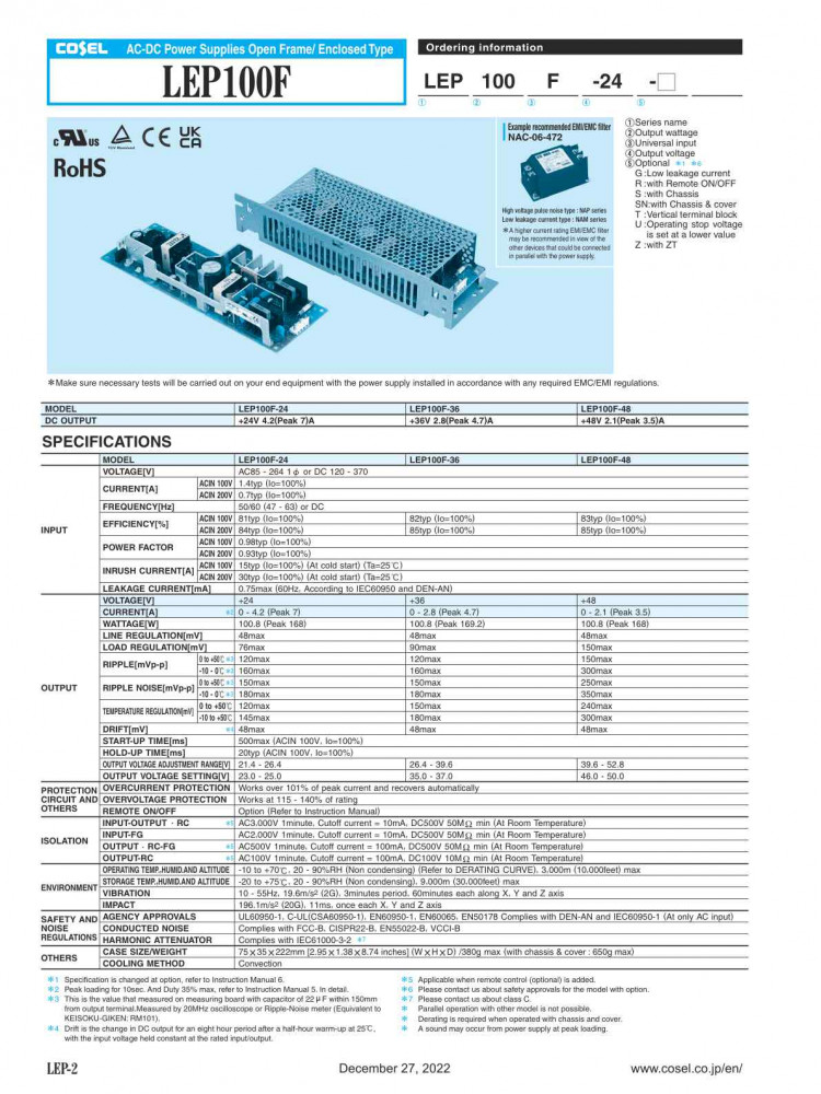Cosel LEP series datasheet page 2