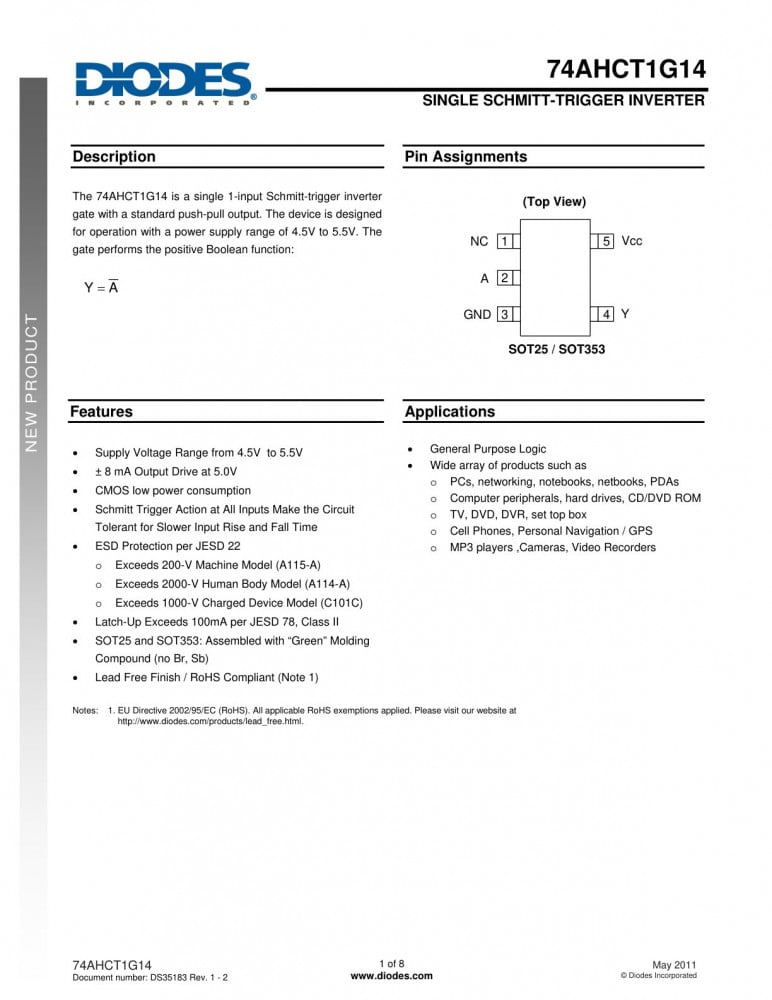 74AHCT1G14SE-7 datasheet page 1