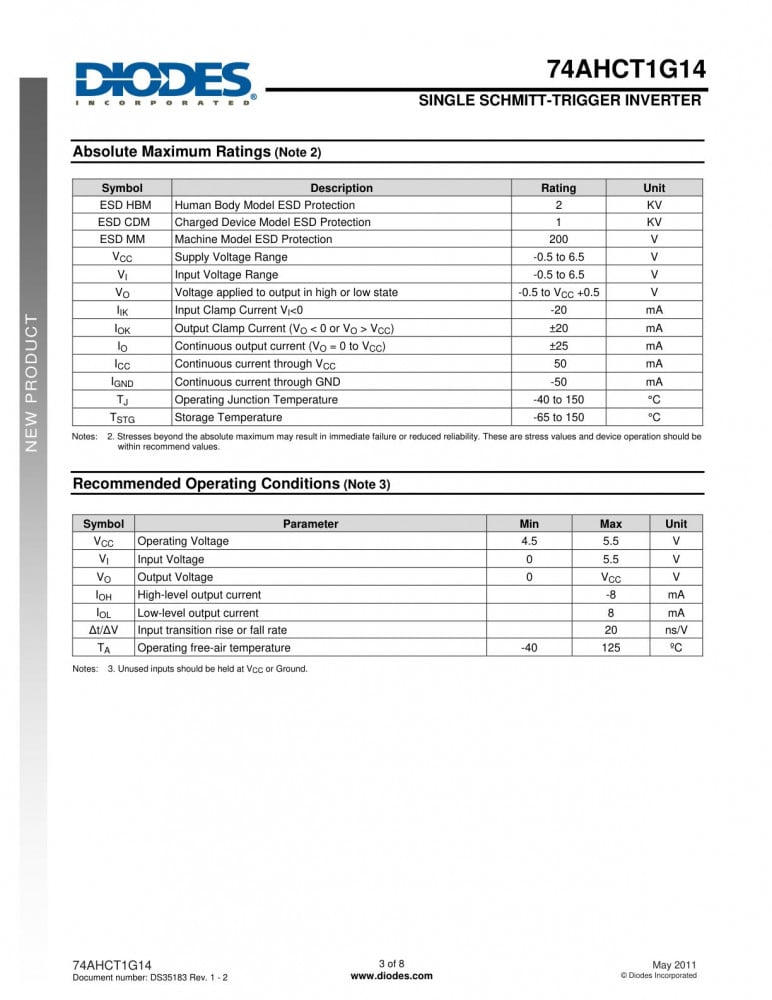 74AHCT1G14SE-7 datasheet page 3