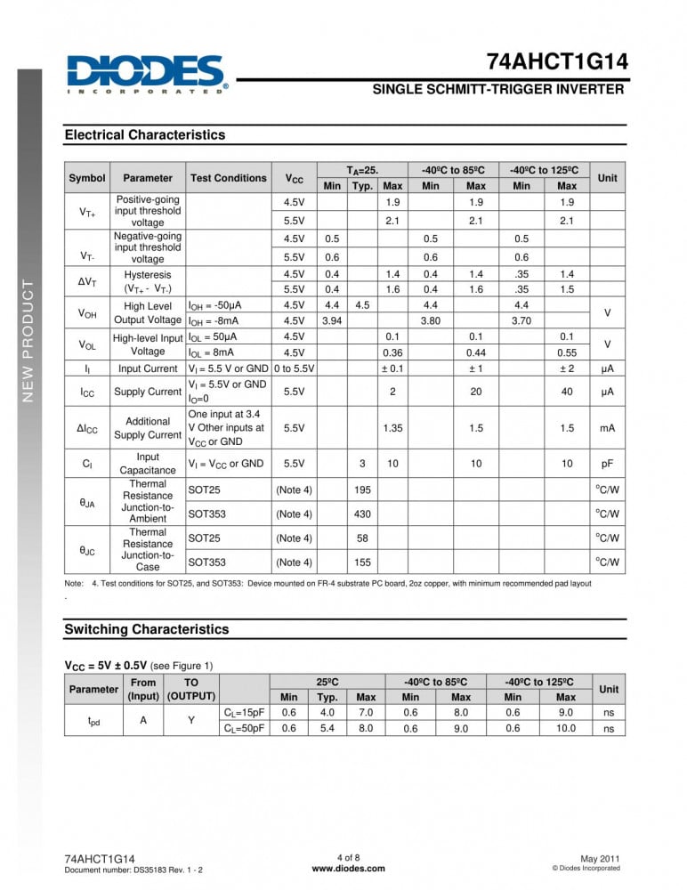 74AHCT1G14SE-7 datasheet page 4