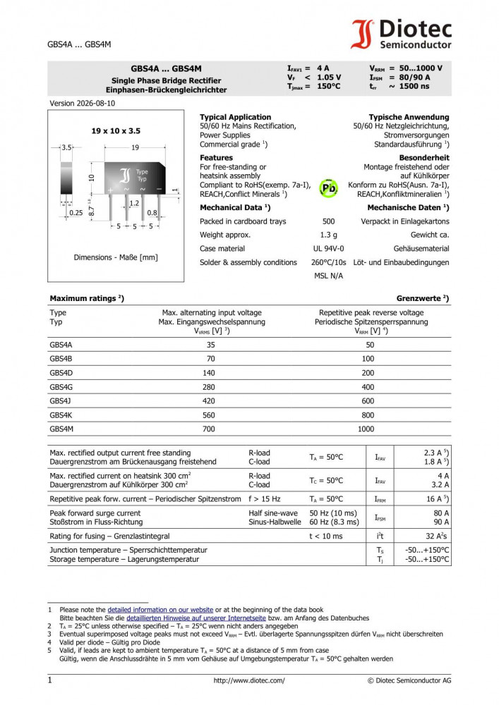 DIOTEC GBS4G datasheet page 1