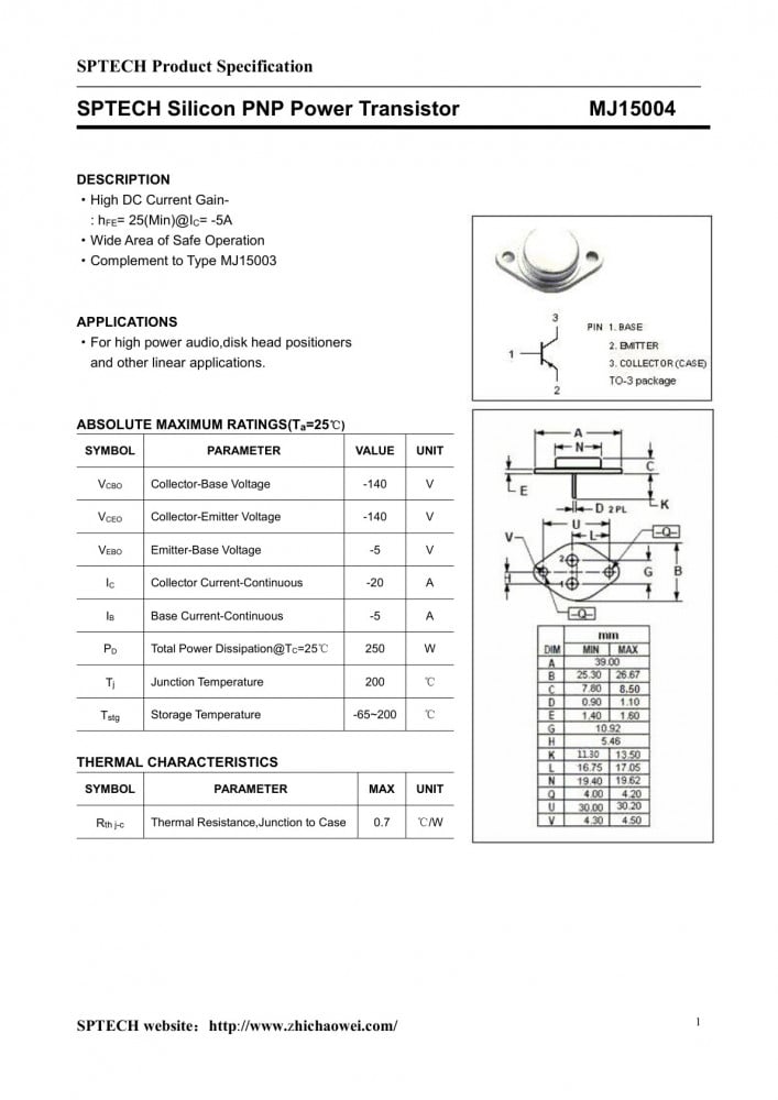 MJ15004 SPTECH datasheet page 1