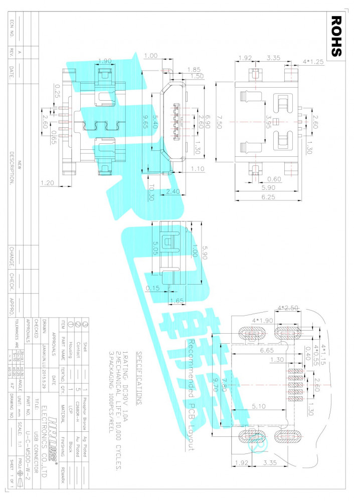 U-C-M5DD-W-2 USB connector technical drawing preview