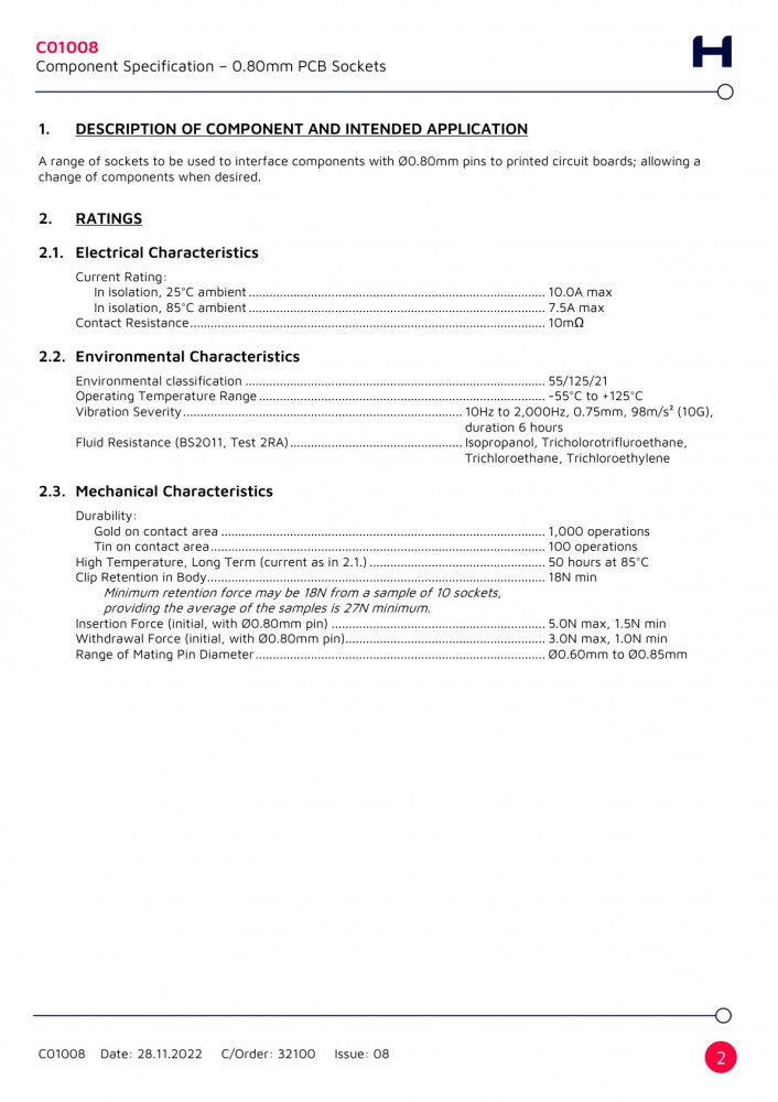 Harwin H8505-01 technical document page 2