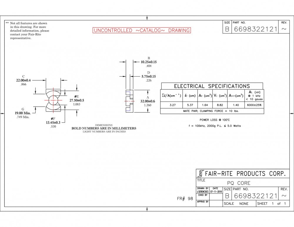 Fair-Rite 6698322121 PQ core drawing