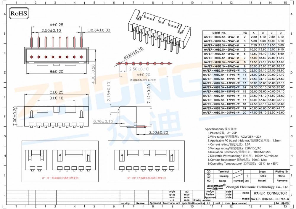 Zhongdi WAFER-XHB2.54-3PWZ-W technical drawing