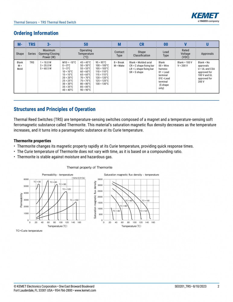 KEMET TRS thermal reed switch document page 2