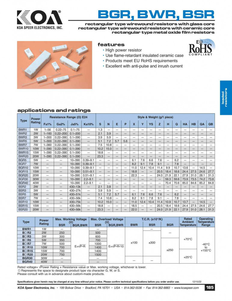KOA BWR series datasheet page 1
