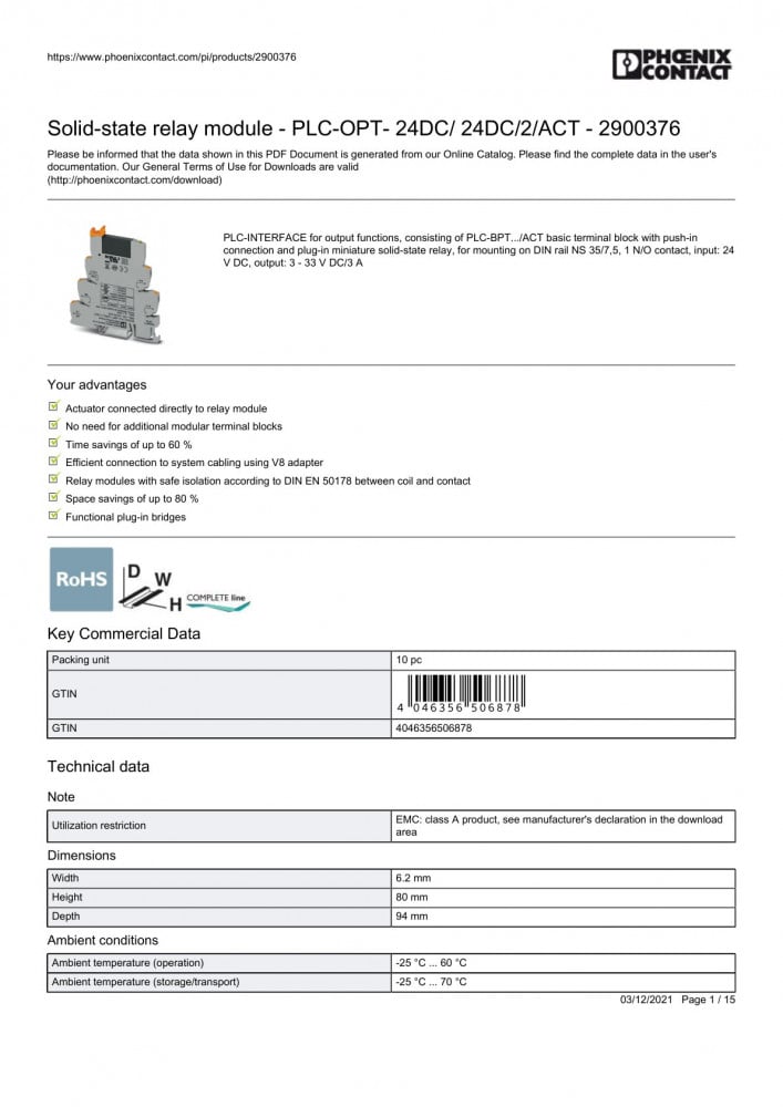 Phoenix Contact 2900376 technical document page 1