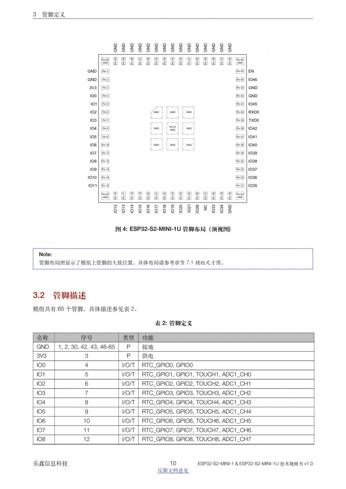 ESP32-S2-MINI technical document page 10