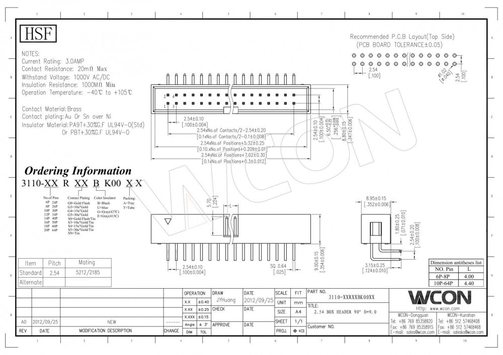 Wcon 3110 series 2.54 mm box header technical drawing