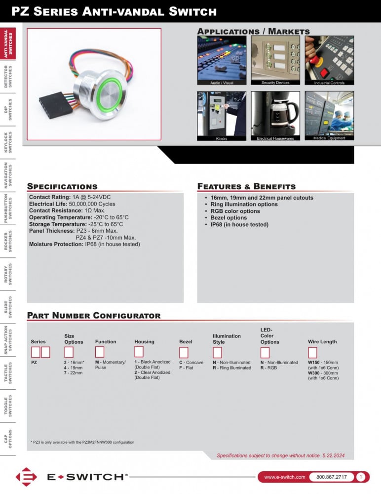 E-Switch PZ series product documentation page 1