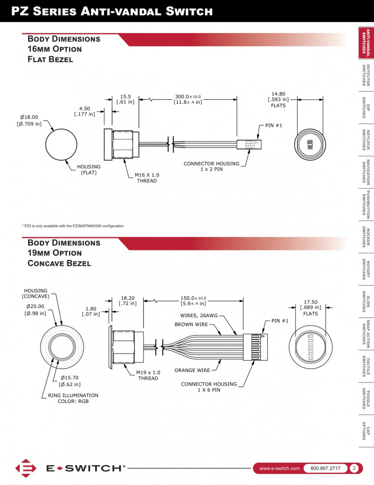 E-Switch PZ series product documentation page 2