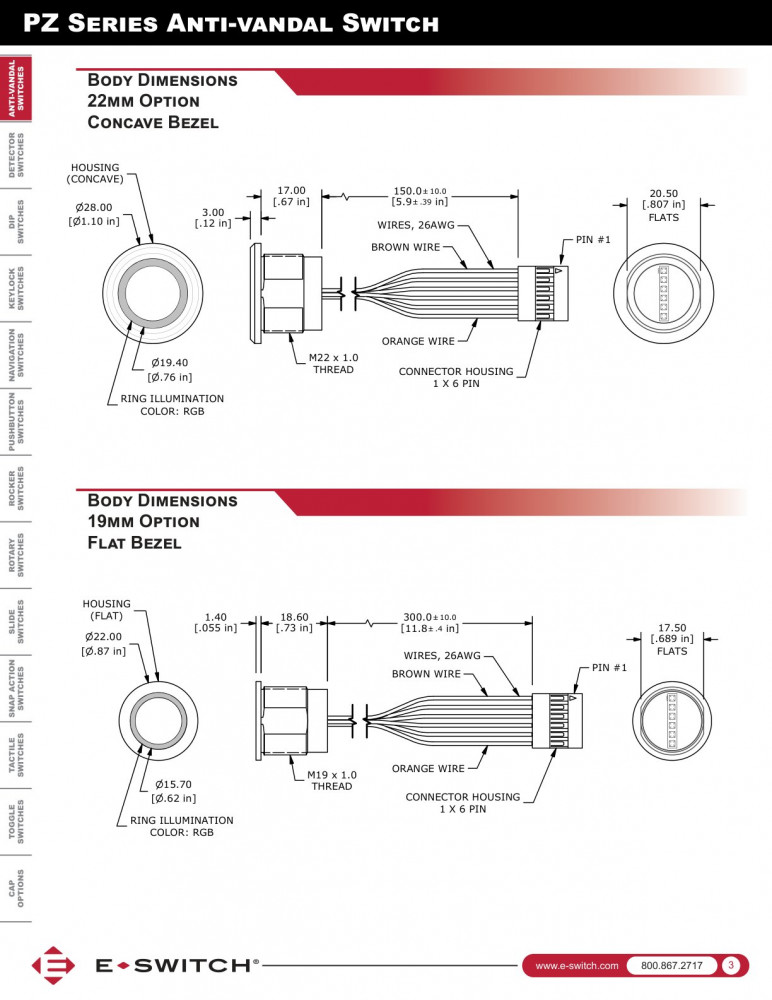 E-Switch PZ series product documentation page 3