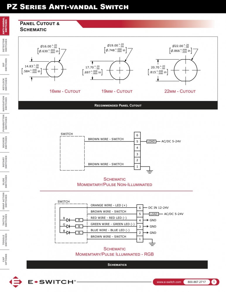 E-Switch PZ series product documentation page 5