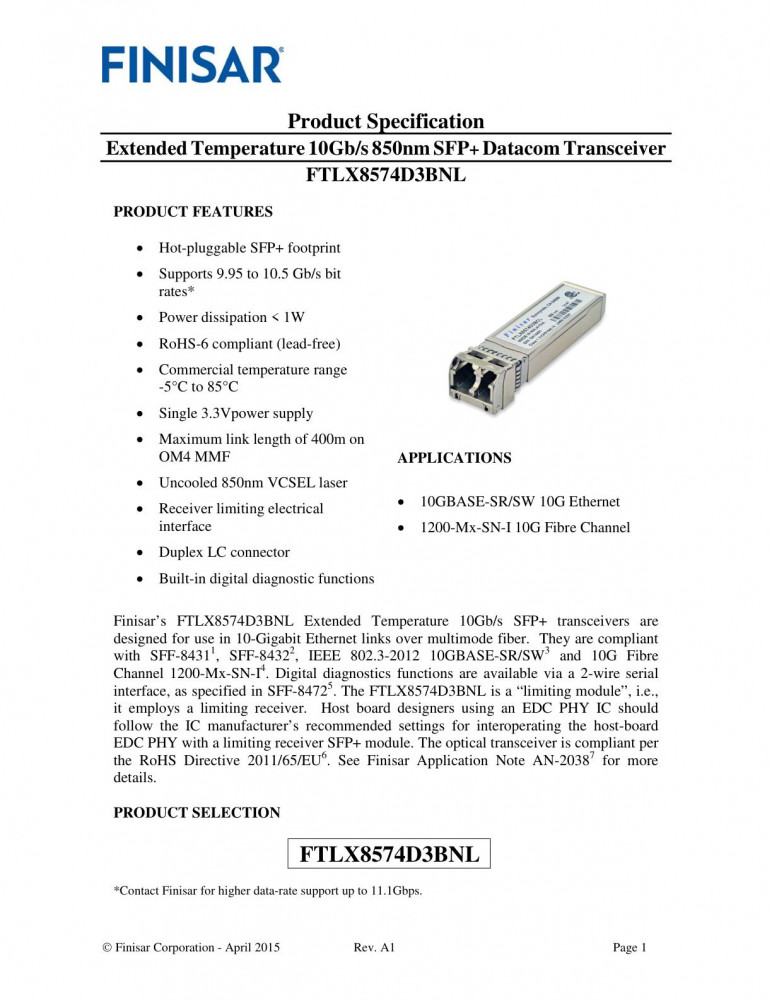 FTLX8574D3BNL product document page 1