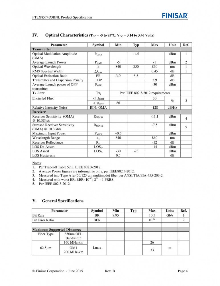 FTLX8574D3BNL product document page 4
