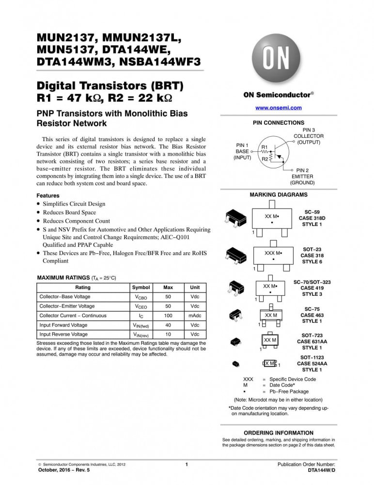 MUN5137T1G datasheet page 1