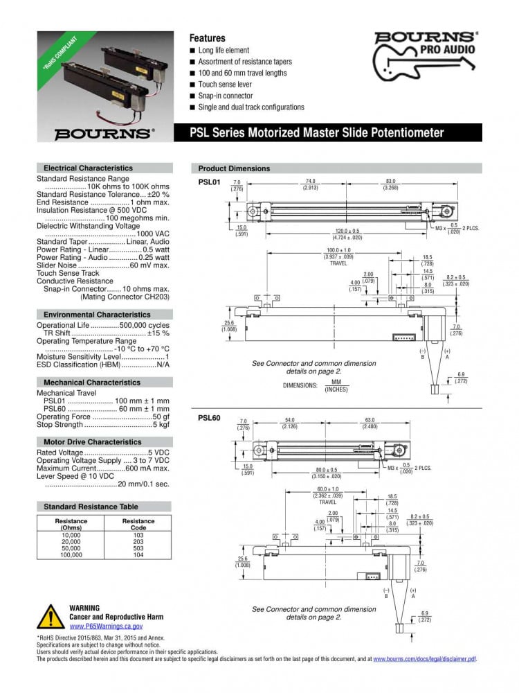 BOURNS PSL series datasheet page 1