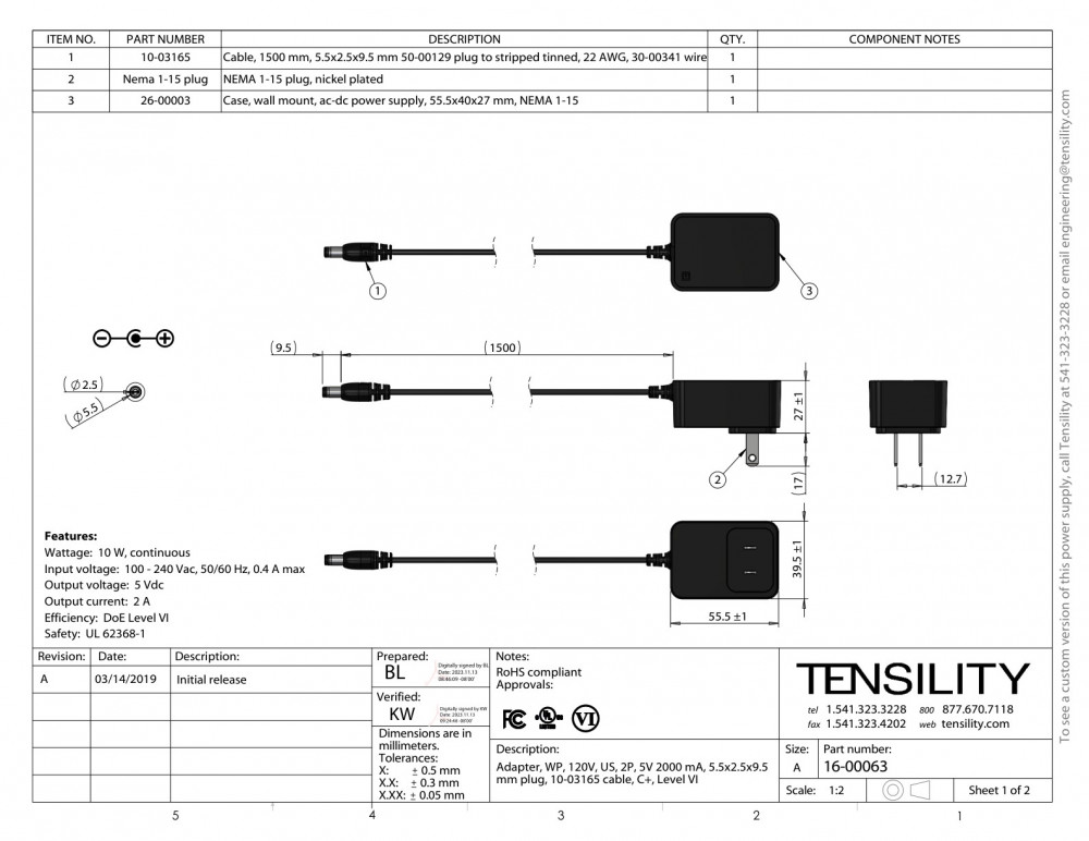 Tensility International 16-00063 technical document, page 1