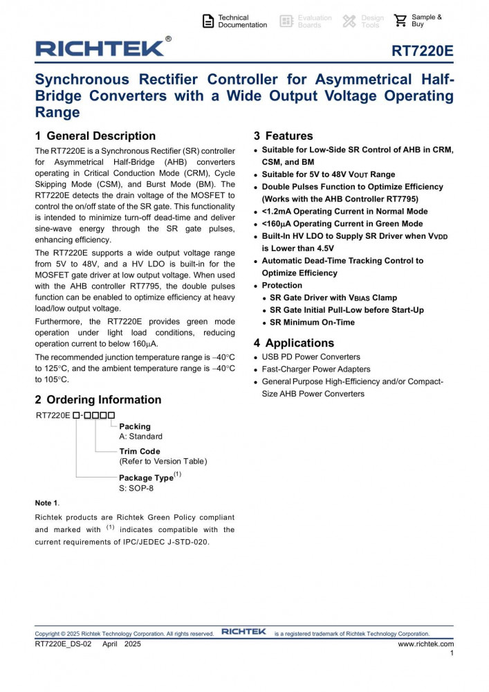 RT7220 family datasheet preview, page 1