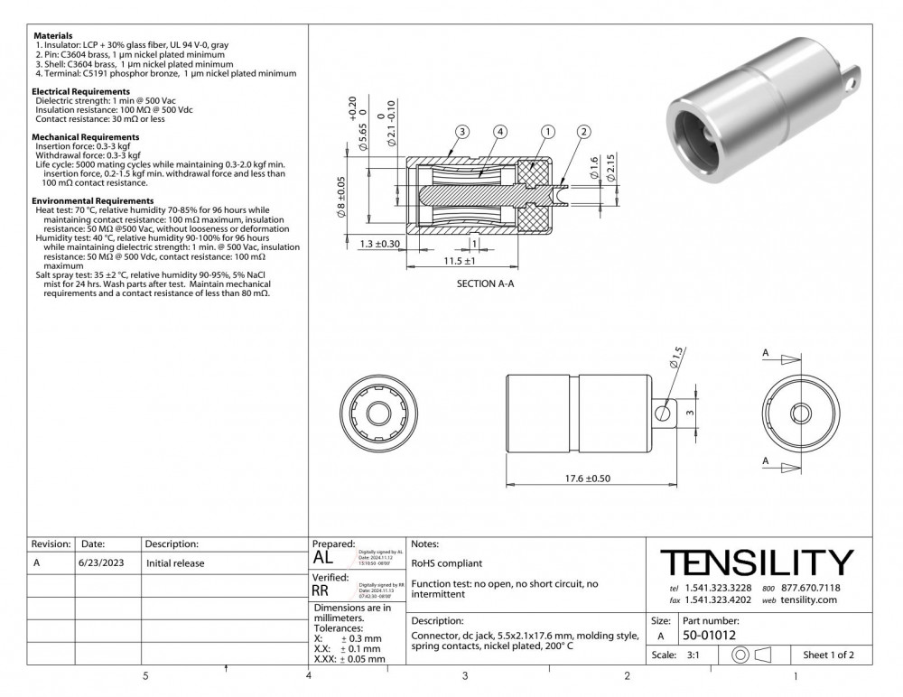 Tensility 50-01012 product drawing, sheet 1