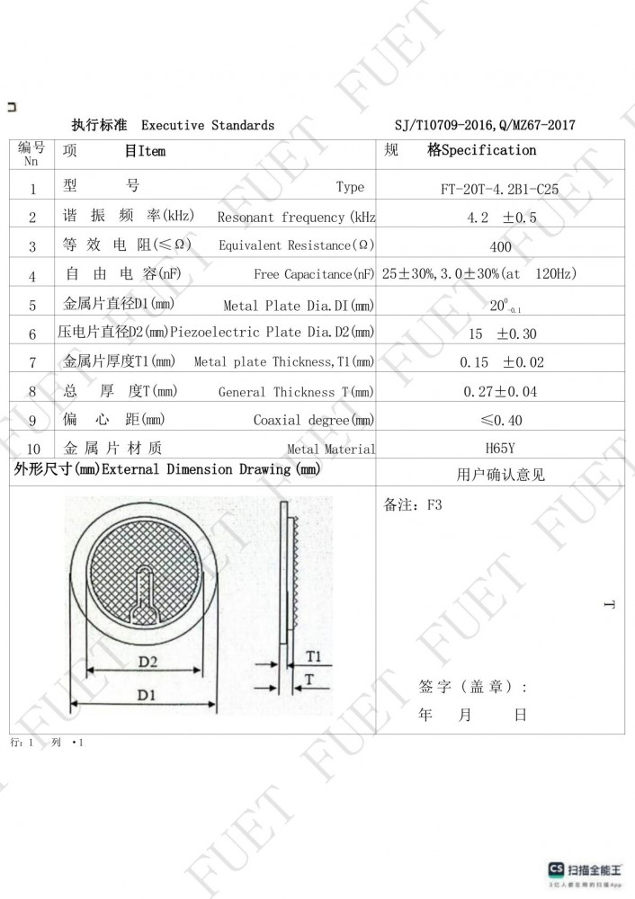 FT-20T-4.2B1-C25 technical specification document preview