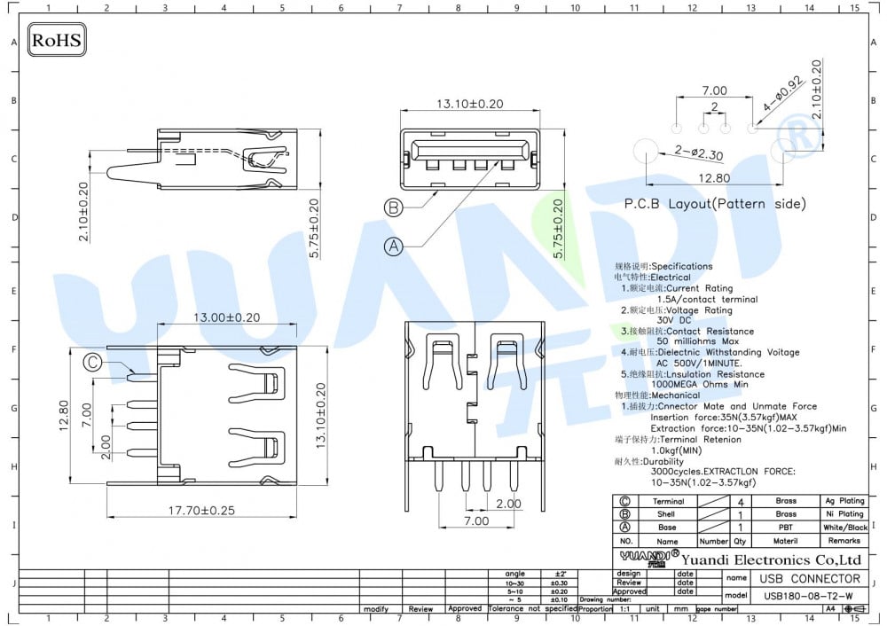 YUANDI USB180-08-T2-W specification drawing