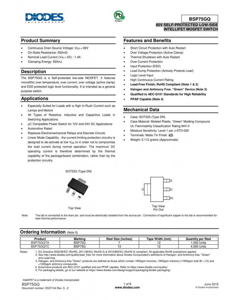 BSP75GQTC datasheet page 1