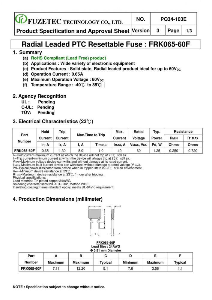 FRK065-60F specification sheet page 1
