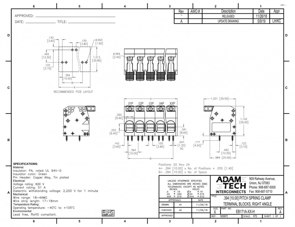 ADAM TECH 10.00 mm pitch right-angle spring clamp terminal block drawing