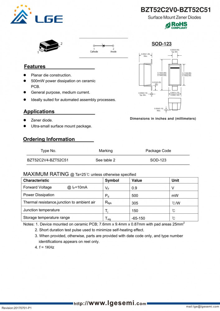 LGE BZT52C2V7 datasheet page 1