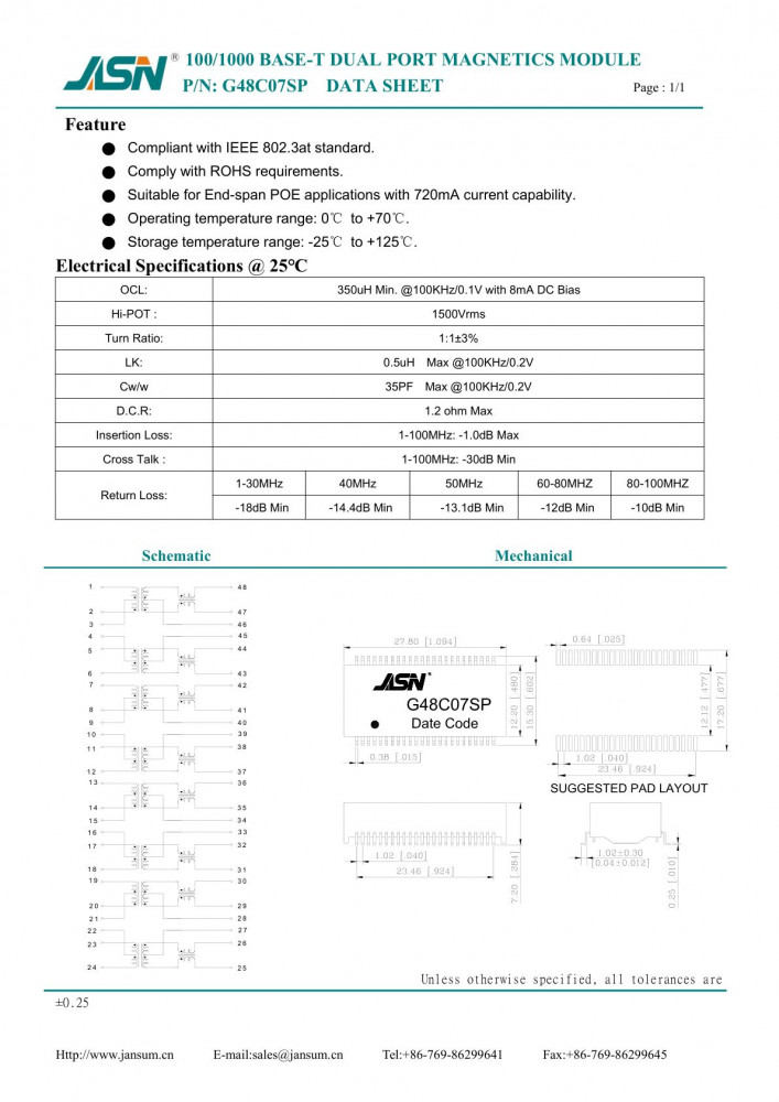 JASN G48C07SP product drawing and specification page