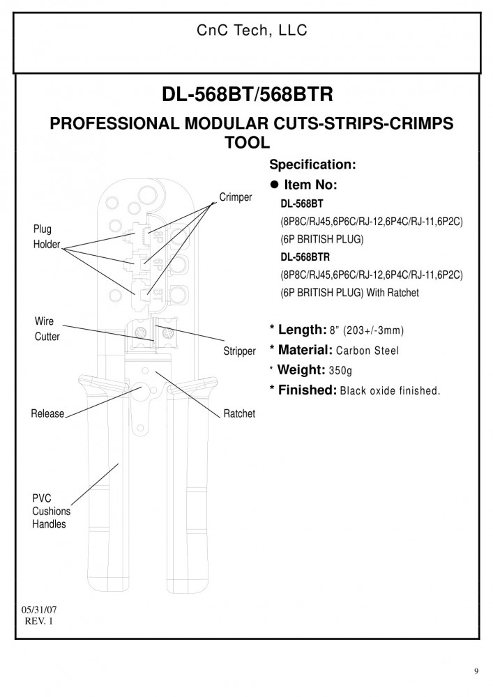 CNC Tech DL-568BT and DL-568BTR product specification sheet