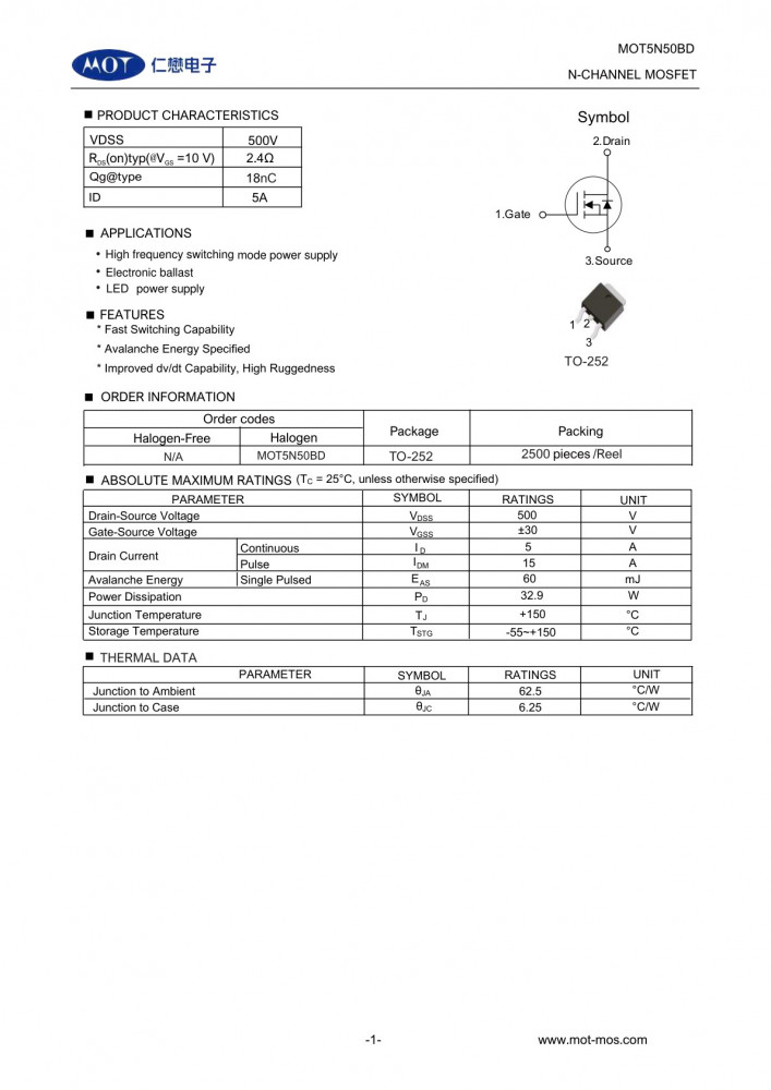 MOT5N50BD datasheet page 1