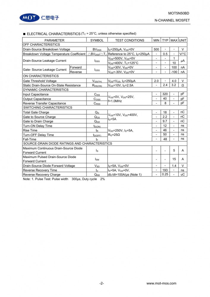 MOT5N50BD datasheet page 2