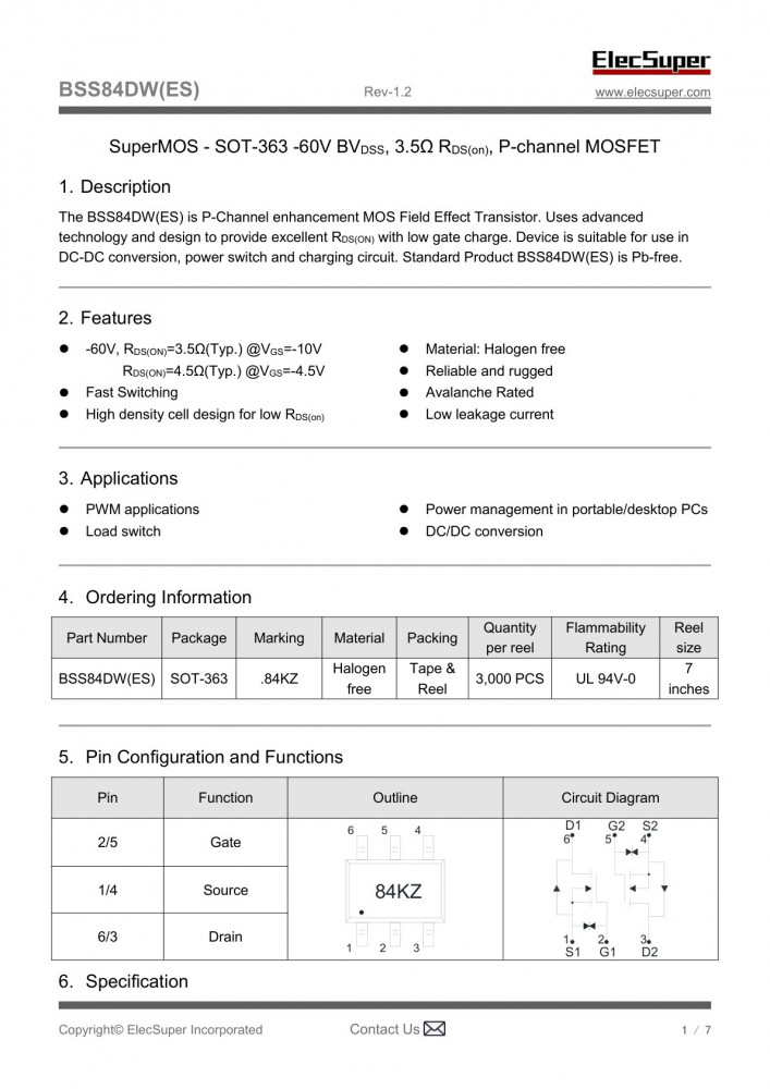 BSS84DW(ES) datasheet page 1